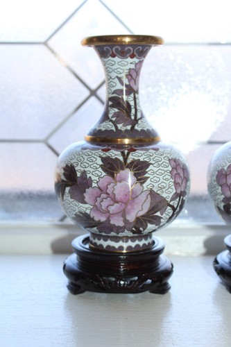 Pair of Vintage Chinese Cloisonne Vases with Wood Stands | eBay