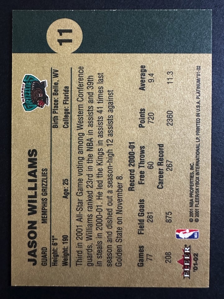 Jason Williams 2001 Fleer Platinum Basketball Card Memphis Grizzlies ...