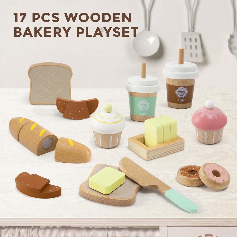 17 PCS Wooden Bakery Toy Food Playset for Kids, Pretend Picnic Play ...