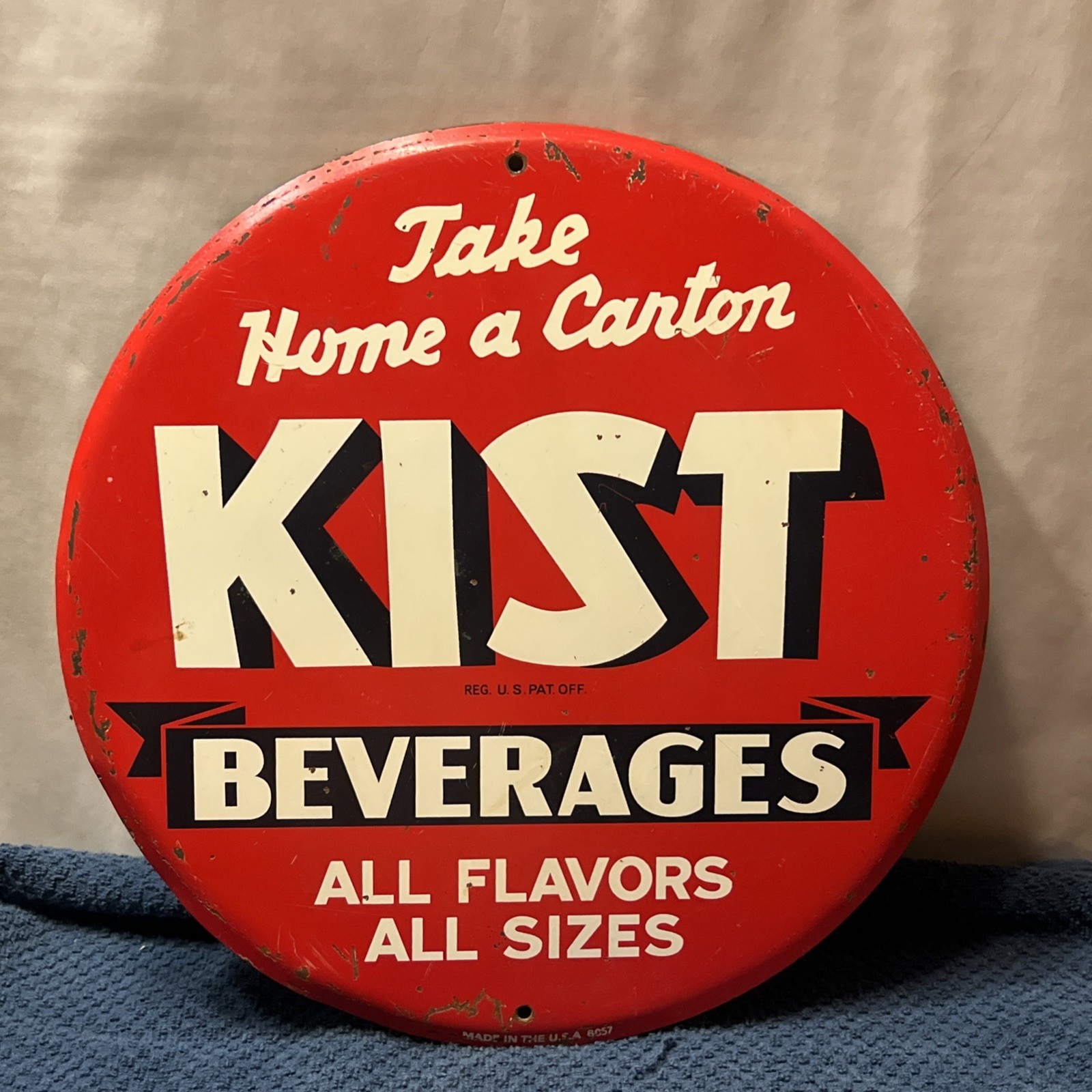 Old KIST Disc Button Take A Carton Home Display Rack Soda Tin Sign ...