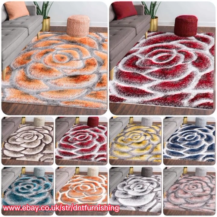 New Luxury Shaggy Rug Thick Soft Fluffy 3D Rose Pattern Bedroom Living ...