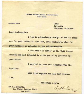 1913 Elbert H Gary " Indiana " - Founder of US Steel signs EX RARE ...