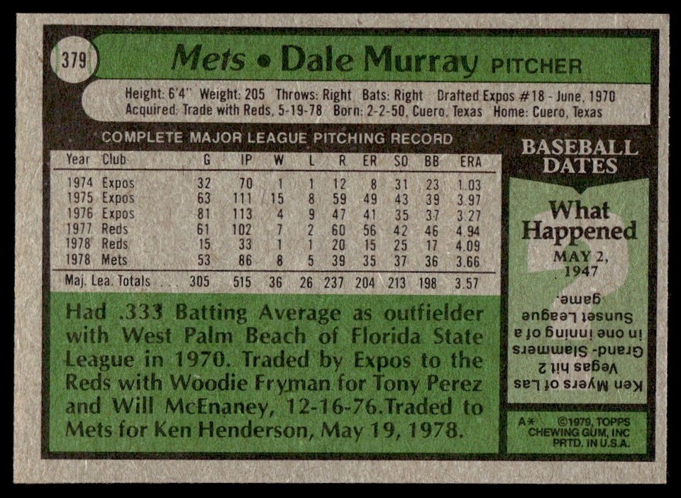 1979 Topps Dale Murray New York Mets #379 | eBay