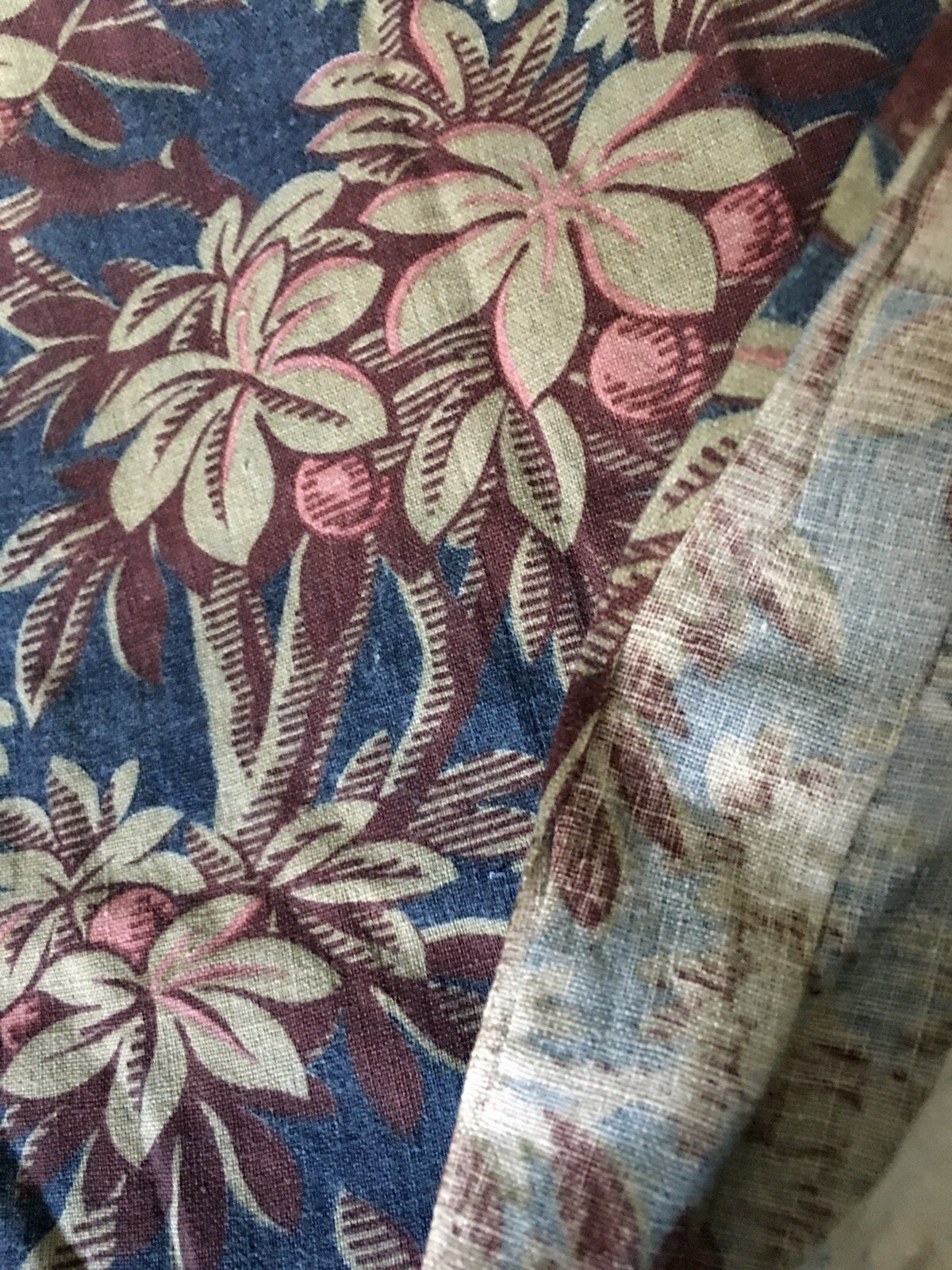 Antique French Botanical Verdure Foliage Cotton Fabric ~ Blue Burgundy ...