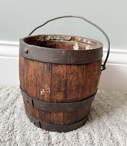 Antique Primitive Small 6" Wooden Barrel Keg Cask Bucket w/ Metal Bands ...
