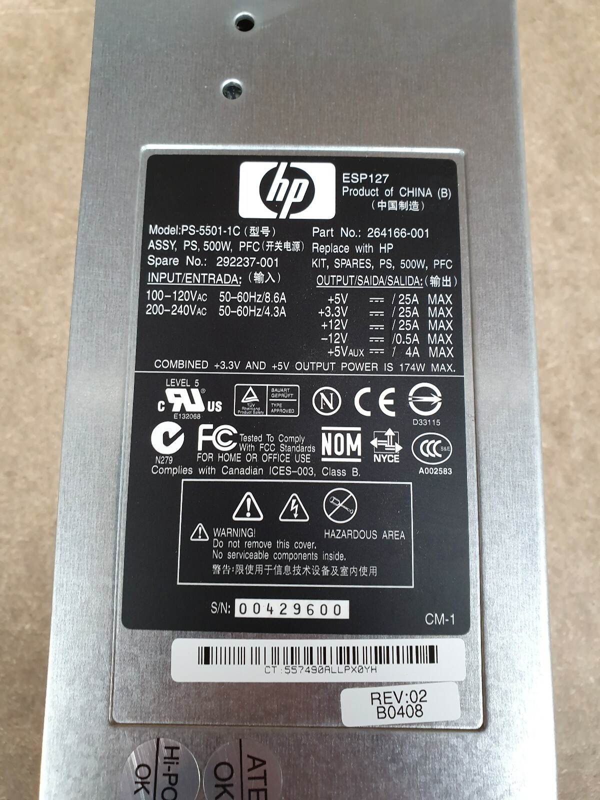 HP COMPAQ ML350 500W HOT PLUG POWER SUPPLY PS-5501-1C 292237-001 264166 ...