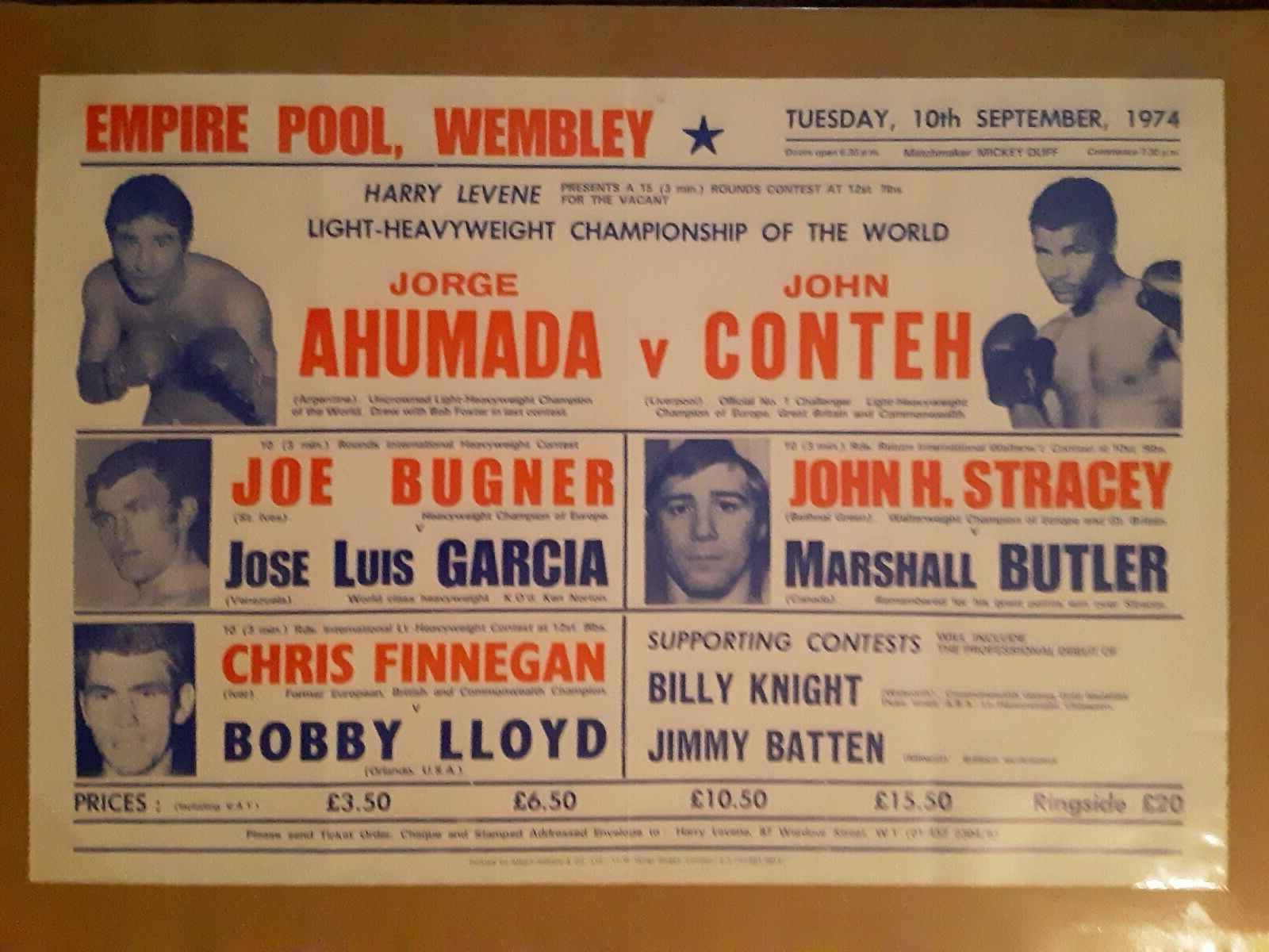 Joe Bugner John Conteh Jorge Ahumada Broadside Bout Sheet Boxing 1974 ...
