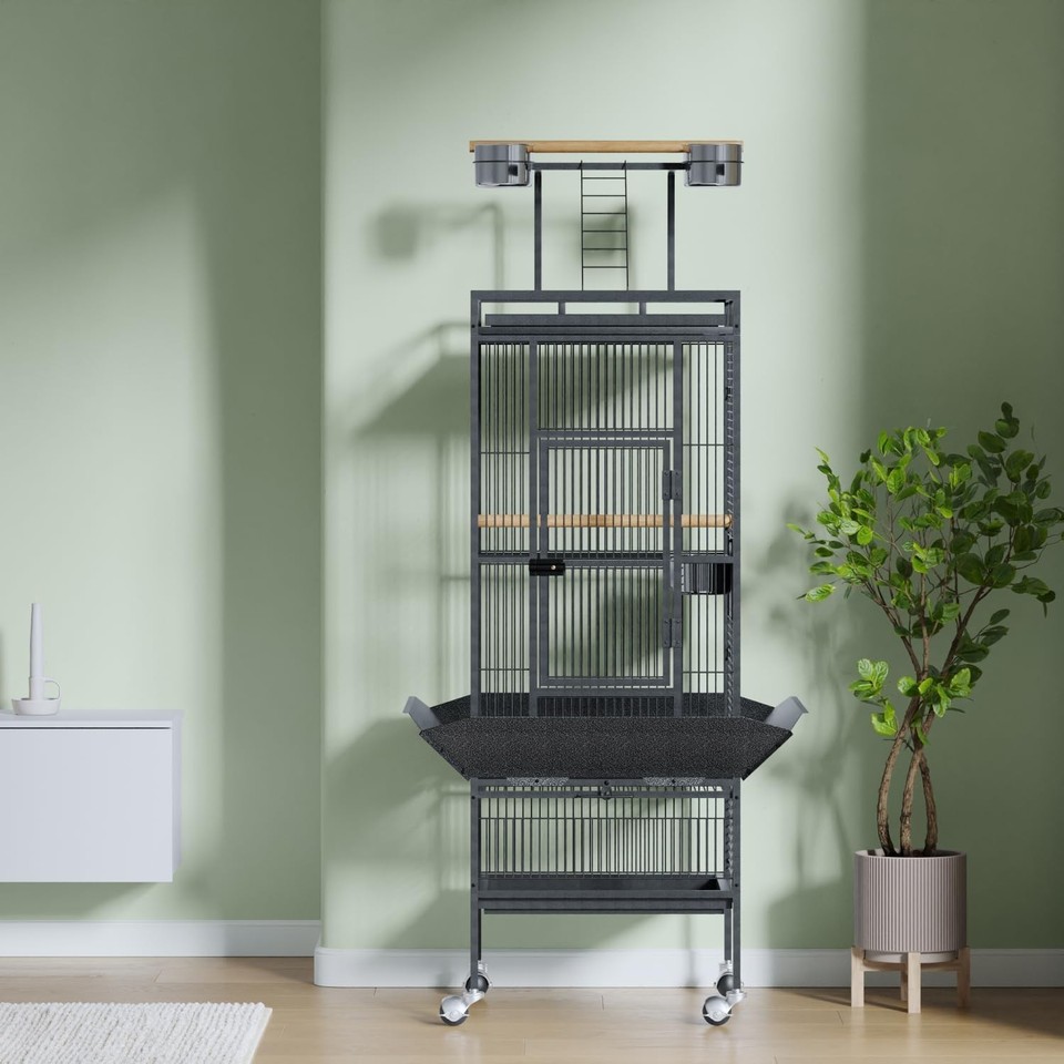 61" Large Bird Cage Playtop Wrought Iron Parrot Cage with Rolling Stand ...