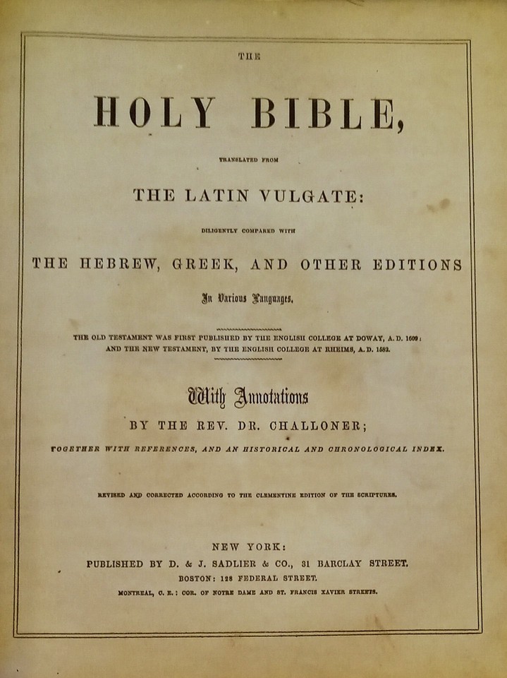 LARGE FULL LEATHER FAMILY CATHOLIC DOUAY VULGATE BIBLE; CA 1870, BRITE ...