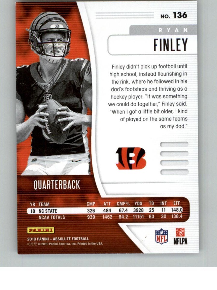 2019 Panini Absolute Ryan Finley 136 RC Cincinnati Bengals Retail | eBay