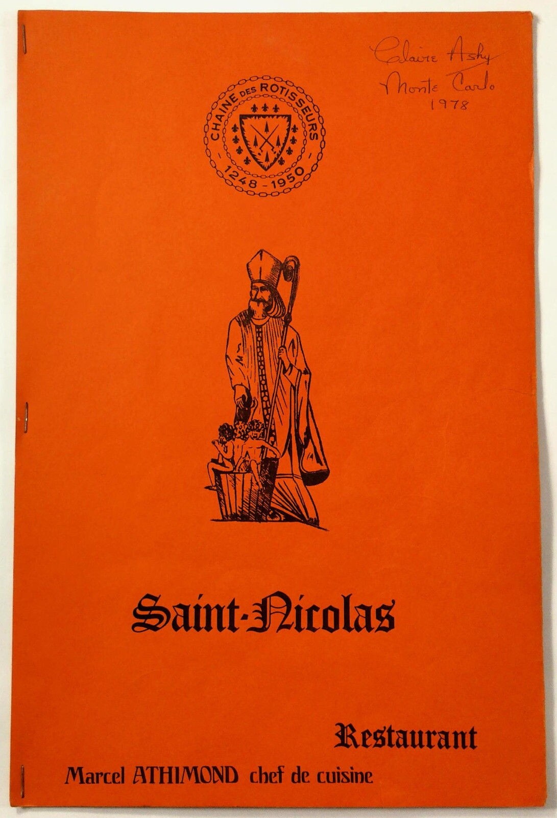 1978 Vintage Full Size Menu SAINT NICOLAS RESTAURANT Monaco Monte Carlo ...