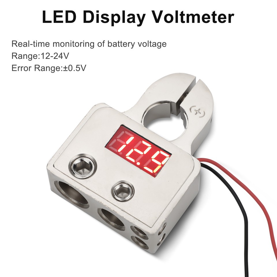 2x Car Battery Terminal Connectors LED Voltmeter 0/4/8 Gauge Battery ...