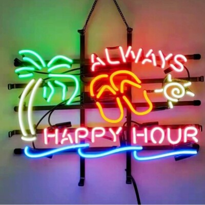 19"x15" Always Happy Hour Beach Vacation Real Glass Neon Light Sign ...