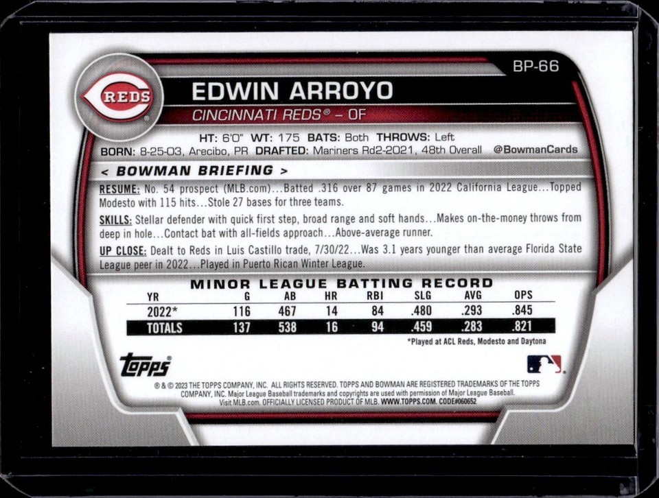 Edwin Arroyo 2023 Bowman Baseball - #BP-66 - Cincinnati Reds | eBay