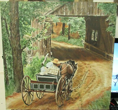 SANDY WINGERT HORSE AND CARRIAGE GOING OVER A BRIDGE LANDSCAPE OIL ...