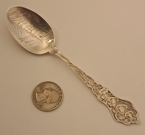 WATERLOO IOWA Antique Sterling Silver ART NOUVEAU Souvenir Spoon FLORAL ...