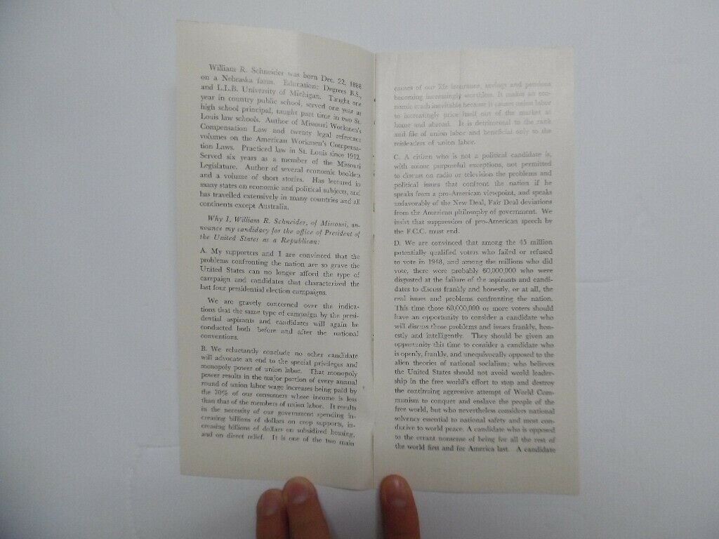 1956 William R Schneider For President of the United States Campaign ...