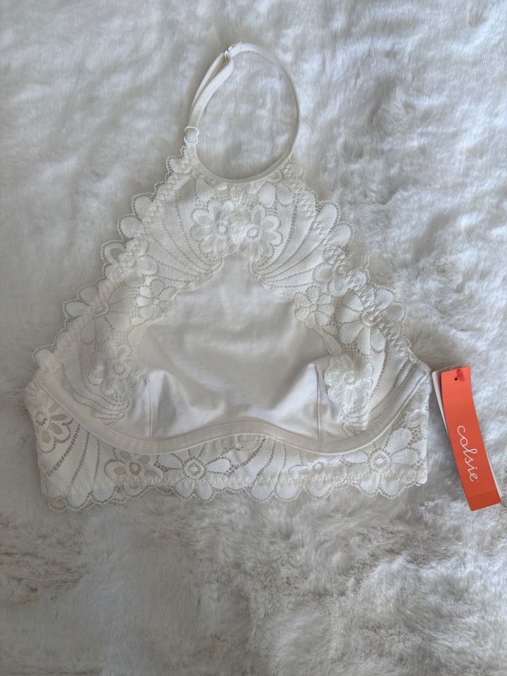 Colsie sz XS White High Neck Lace Bralette Bra Lace Overlay Halter Tank ...