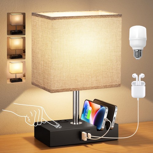 Nightstand Lamp for Bedroom with Dual USB Ports Grey Touch Control ...