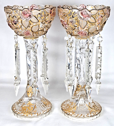 Pair of Unusual Bohemian Clear Lustre Vases with Relief, Pink & White ...