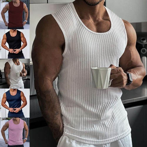 Men Sleeveless Ribbed Solid Vest Tops Sport Bodybuilding Muscle Gym ...