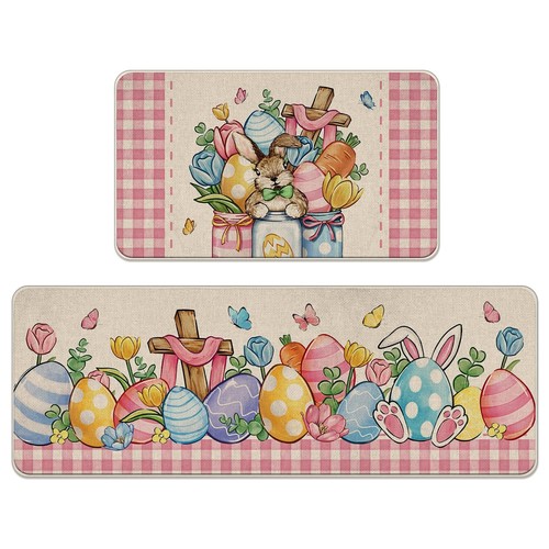 Easter Eggs Kitchen Rugs Set of 2, Bunny Rabbit Mason Jar Tulip Flower ...