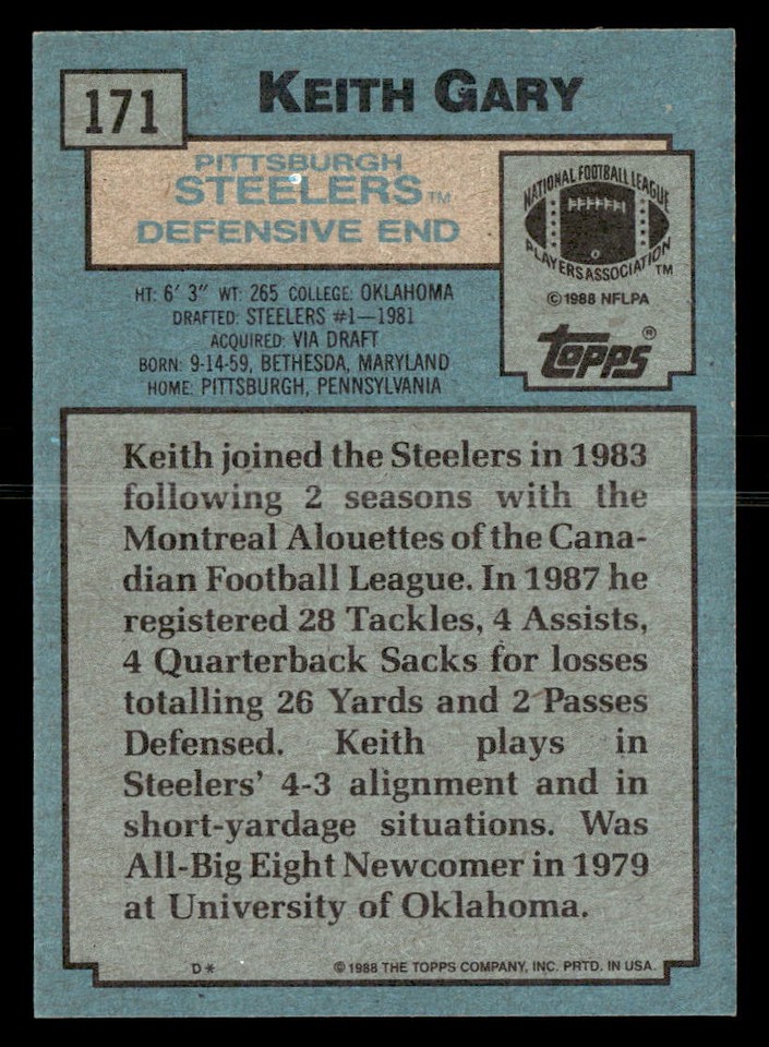 Keith Gary 1988 Topps Rookie Card #171 Pittsburgh Steelers | eBay