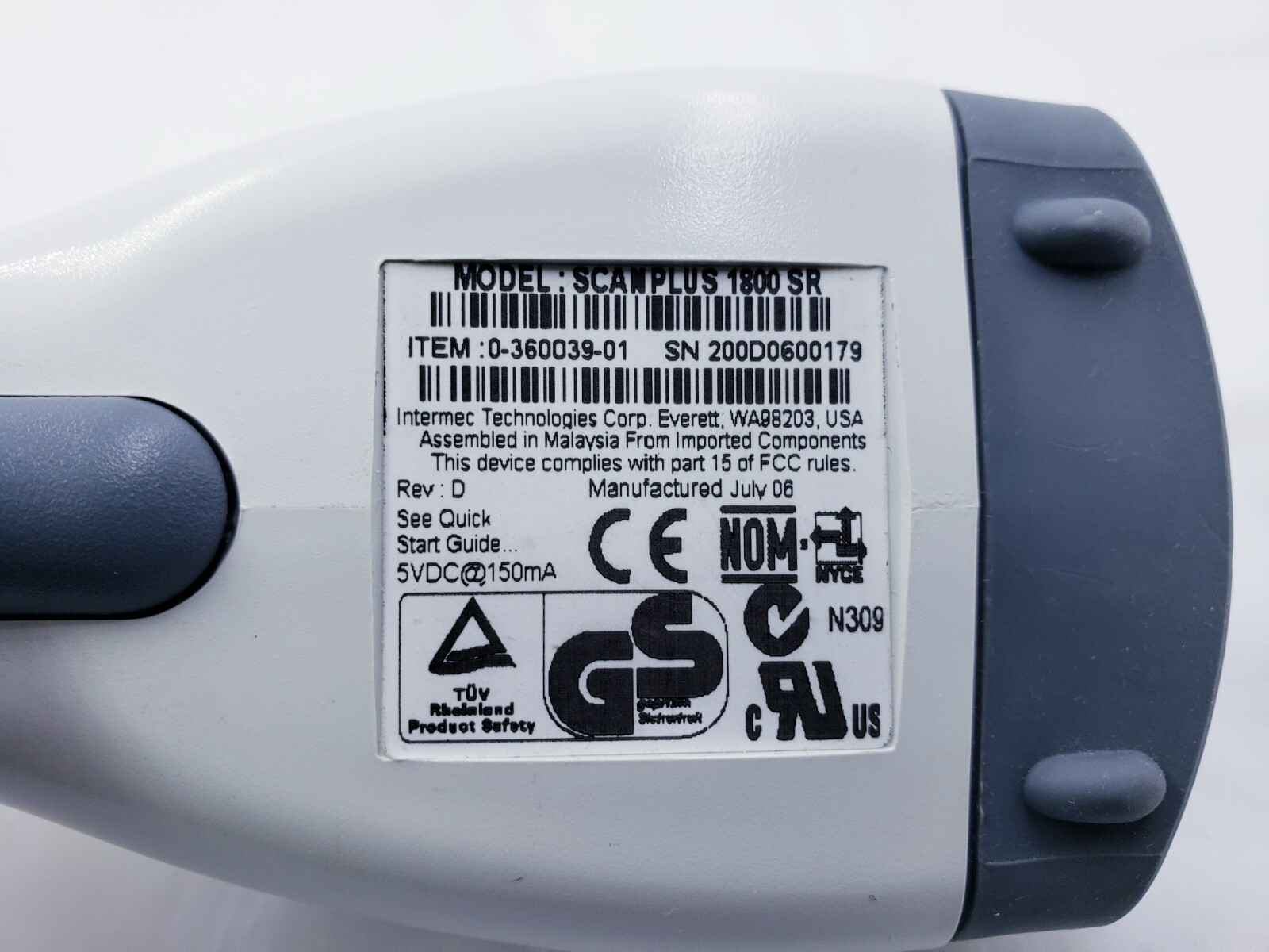 Intermec Scan Plus 1800 SR USB Barcode Scanner 0-360039-01 ScanPlus ...