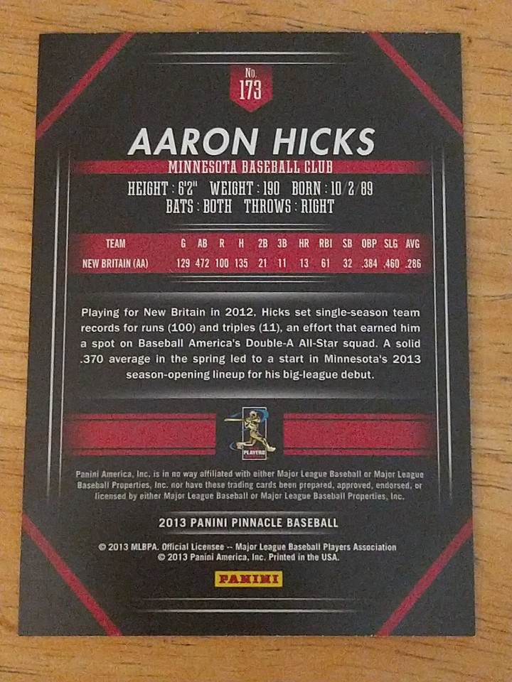 2013 Pinnacle Minnesota Twins Baseball Card #173 Aaron Hicks Rookie | eBay