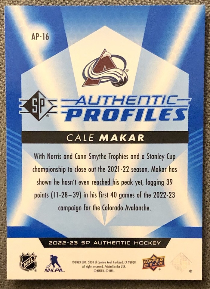 2022-23 SP Authentic Hockey Cale Makar Authentic Profiles Blue #AP-16 ...