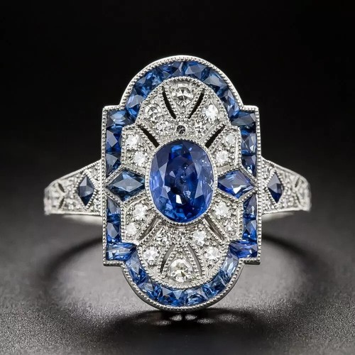 Art Deco Vintage Oval Sapphire & Lab Creaed Diamond 925 Silver ...