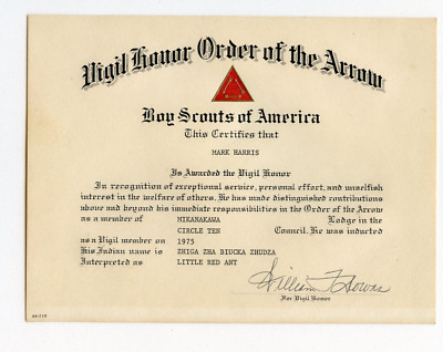 Boy Scouts OA 1975 VIGIL CERTIFICATE Mikanakawa LODGE 101 Circle Ten ...