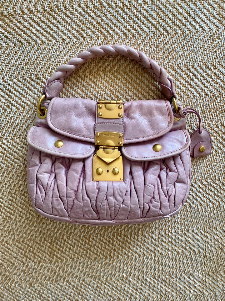 AUTHENTIC MIU MIU_MATELASSÉ PLEATED LEATHER COFFER BAG_PALE PINK ...