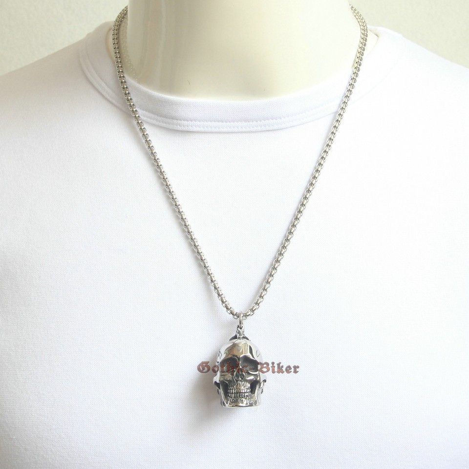 Men Large Heavy Retro Silver Skull Chain Necklace Pendant 316L ...