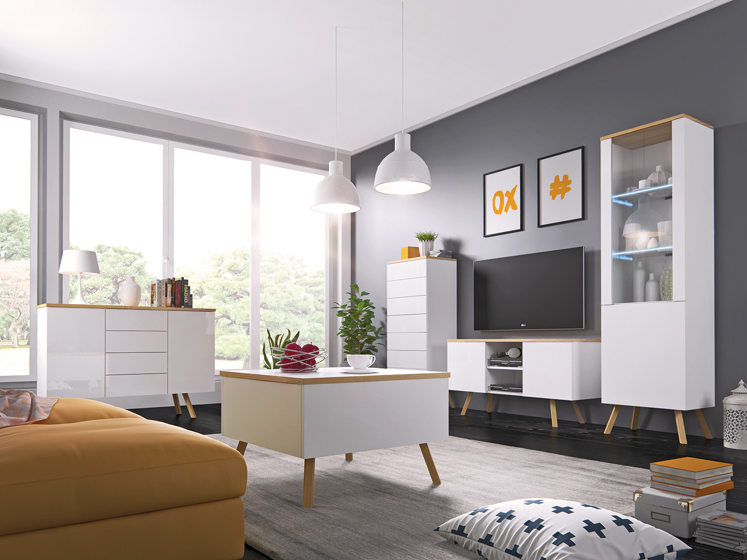 Wohnwand Lora Hochglanz Schrankwand Weiß Wotan + Beleuchtung ...