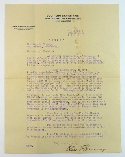 1915 PAN AMERICAN EXPOSITION LETTER ST. MARY PARISH LAND SALE NEW ...