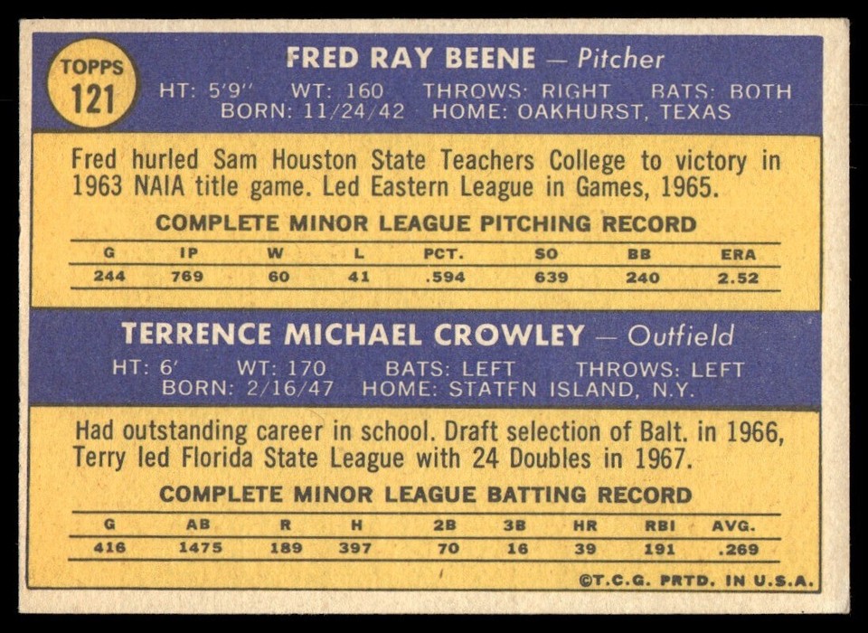 1970 Baseball Card Fred Beene/Terry Crowley RC Baltimore Orioles #121 ...