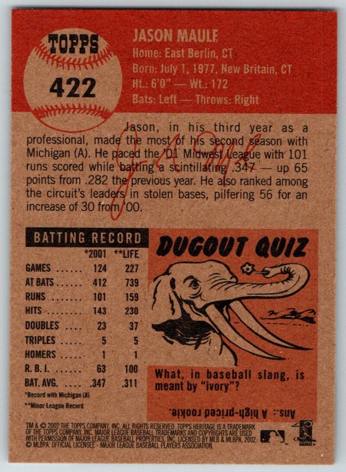 2002 Topps Heritage #422 Jason Maule Houston Astros | eBay