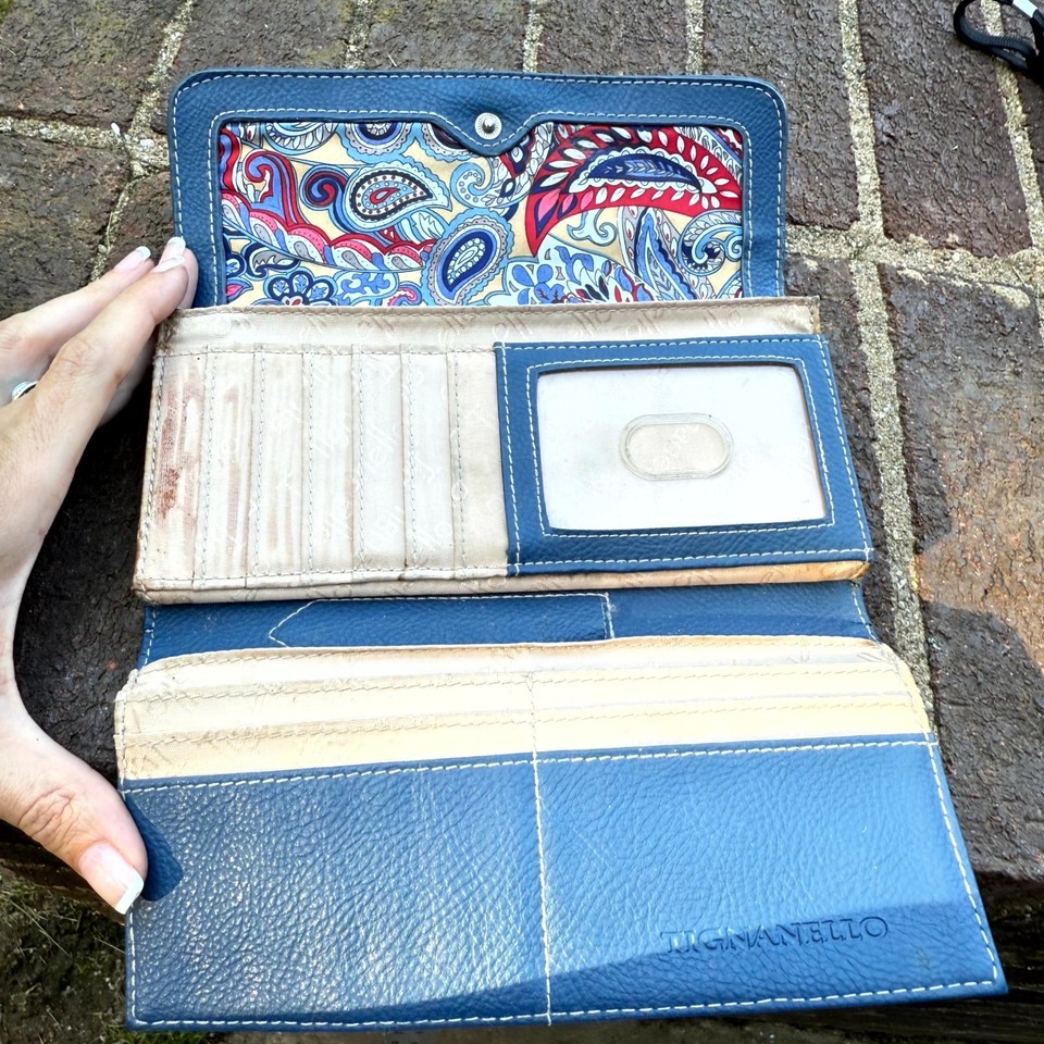 Tignanello Wallet Women's Blue Leather Card Holder Snap Tri-Fold Flap ...