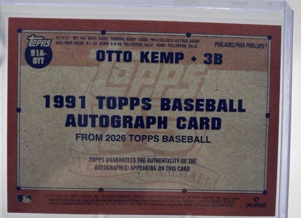 2026 Topps Series 1 Otto Kemp Rookie RC 1991 On Card Auto #91A-OTT ...