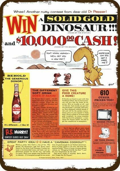 1962 Johnny Hart BC & Dr. Pepper Dinosaur Contest DECORATIVE REPLICA ...