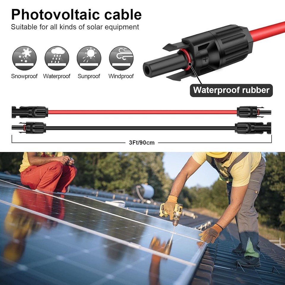 10 AWG Solar Panel Extension Cable PV Wire Solar Connector Pair Black ...
