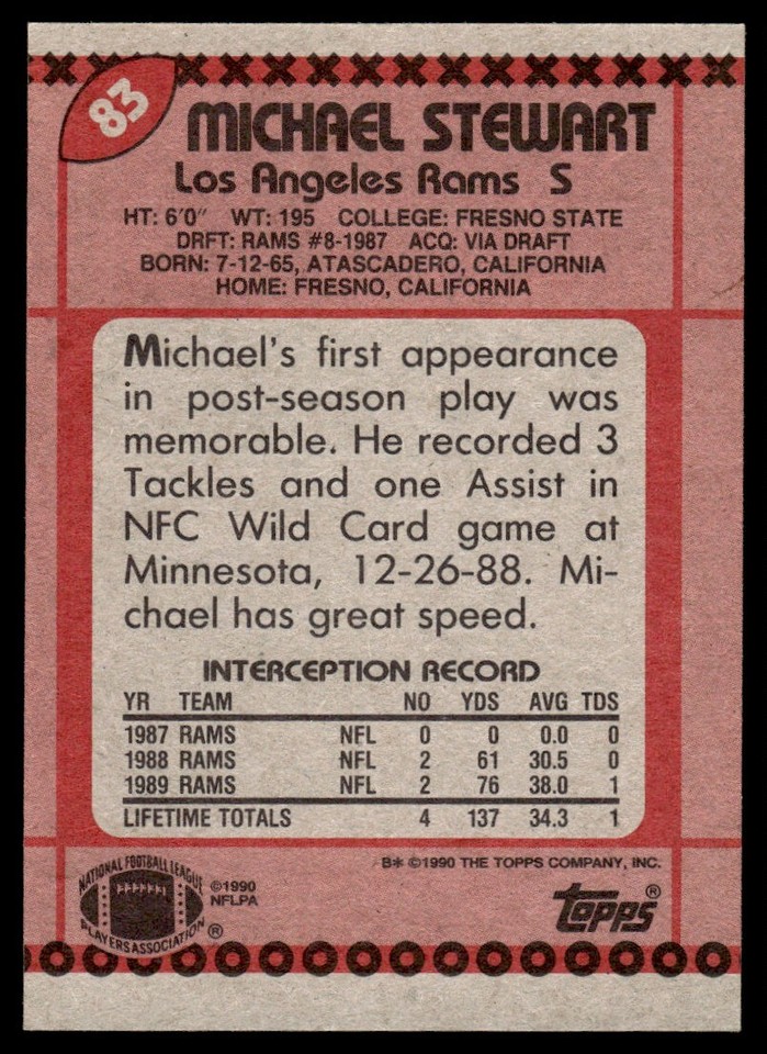 1990 Topps Michael Stewart Rookie Los Angeles Rams #83 | eBay