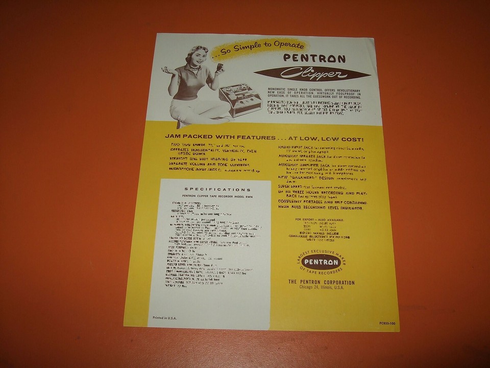 Pentron Clipper Tape Recorder Model RWN Dealer Brochure | eBay