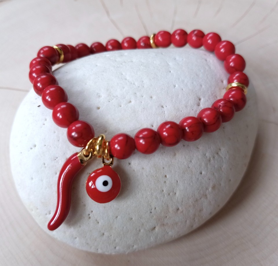 Red Horn Bead Bracelet, Italian Cornicello, Red Black Evil Eye, Devil ...