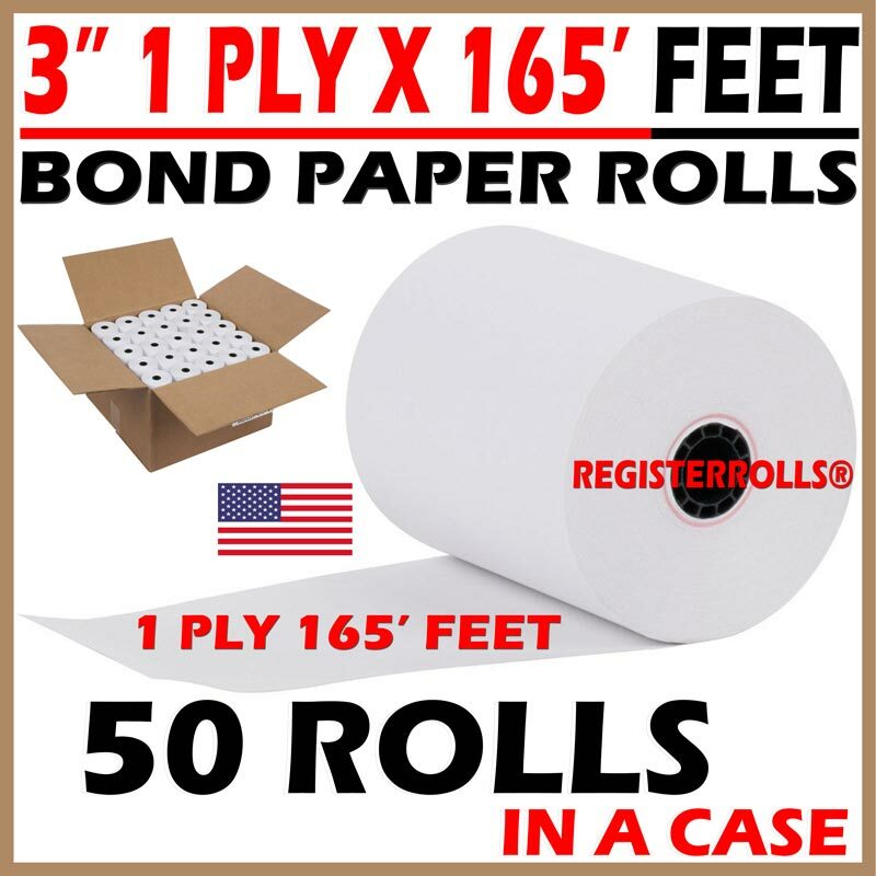 3" 1 PLY X 165' BOND PAPER 50 ROLLS KITCHEN PRINTER ROLLS Coreless ...