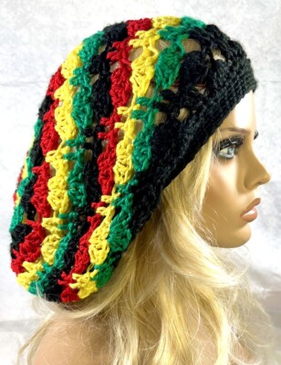 Handmade Women’s SLOUCHY Beanie Hat RASTA Cap BAGGIE Tam Black Red ...