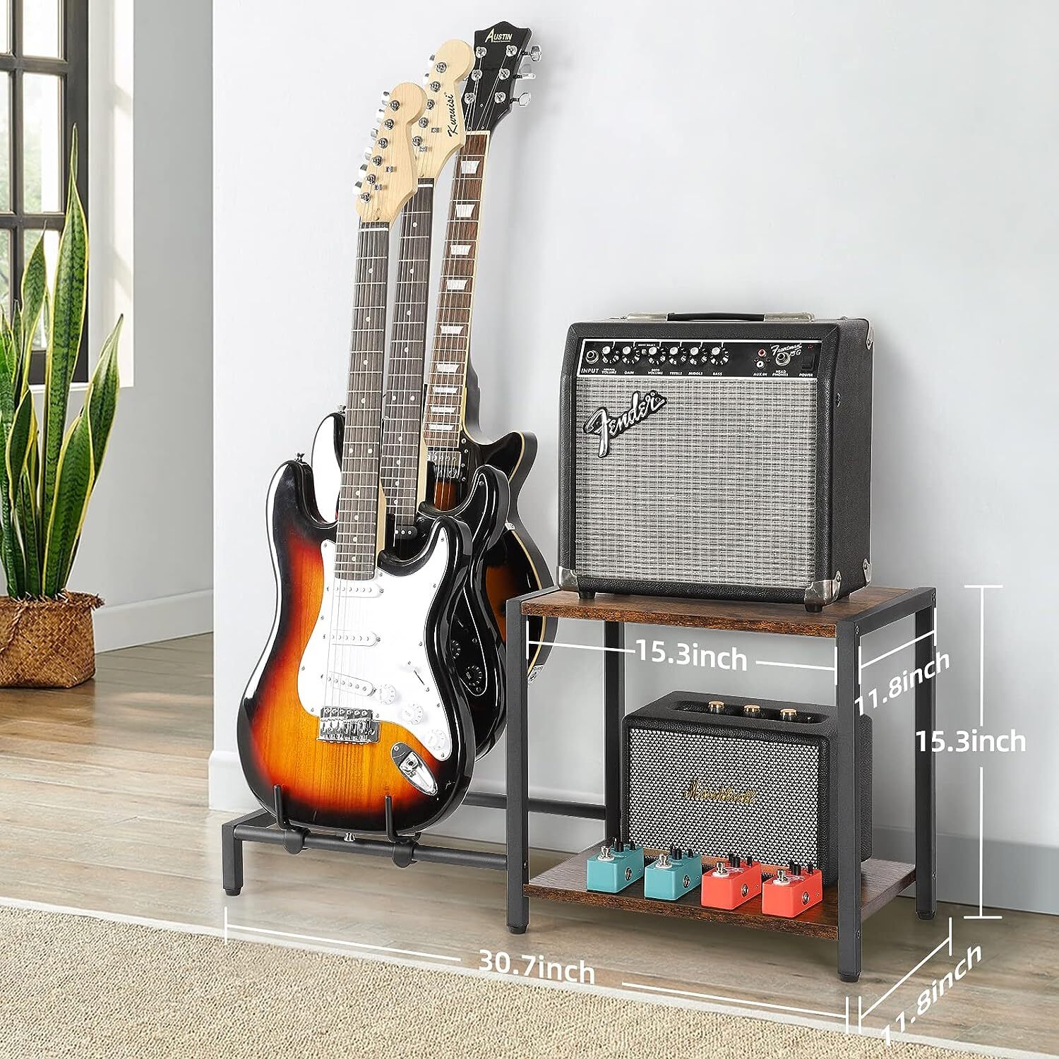 Guitar Stand - 3 Electric and Bass Guitar Floor Stand w/ Guitar Amp ...