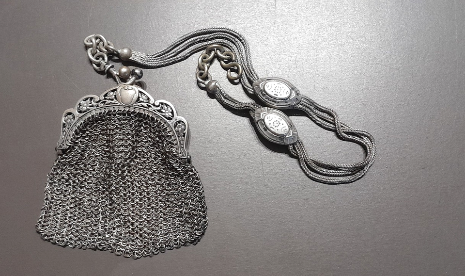 joli Porte sou/monnaie maille aumonière avec chatelaine ARGENT ANCIEN ...