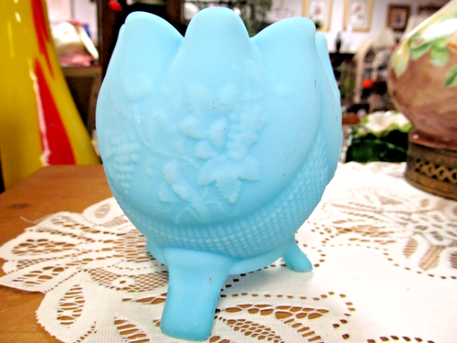 Vintage Fenton Blue Custard Three Footed Egg Ruffled Top Embossed ...